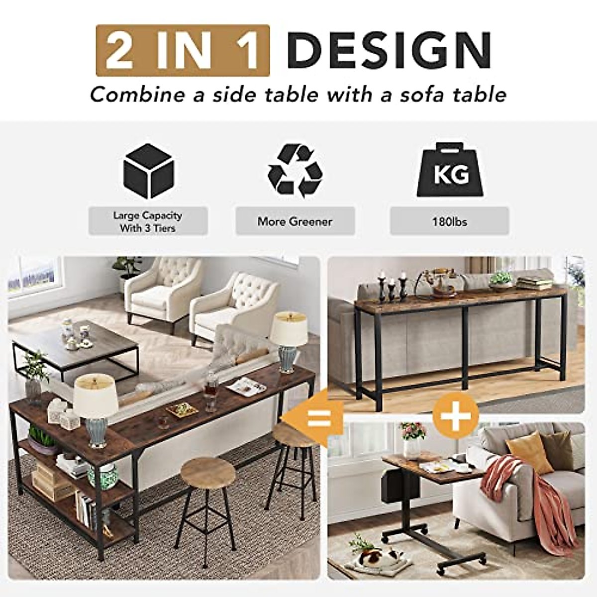 Tribesigns L Shaped Console Sofa Table, 82.67" Extra Long Sofa Tables with 3-Tier Open Storage Shelves, Reversible Entryway Table for Hallway, Industrial Behind Couch Table for Living Room