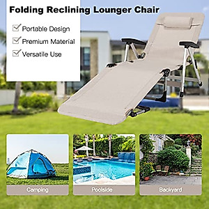 Giantex Patio Chaise Lounge Chair 7 Adjustable Position Folding Camping Cot, Outdoor Lounger with Cup Holder, Detachable Pillow, Beach Sleeping Recliner for Poolside, Lawn Sunbathing Chair (1, Beige)