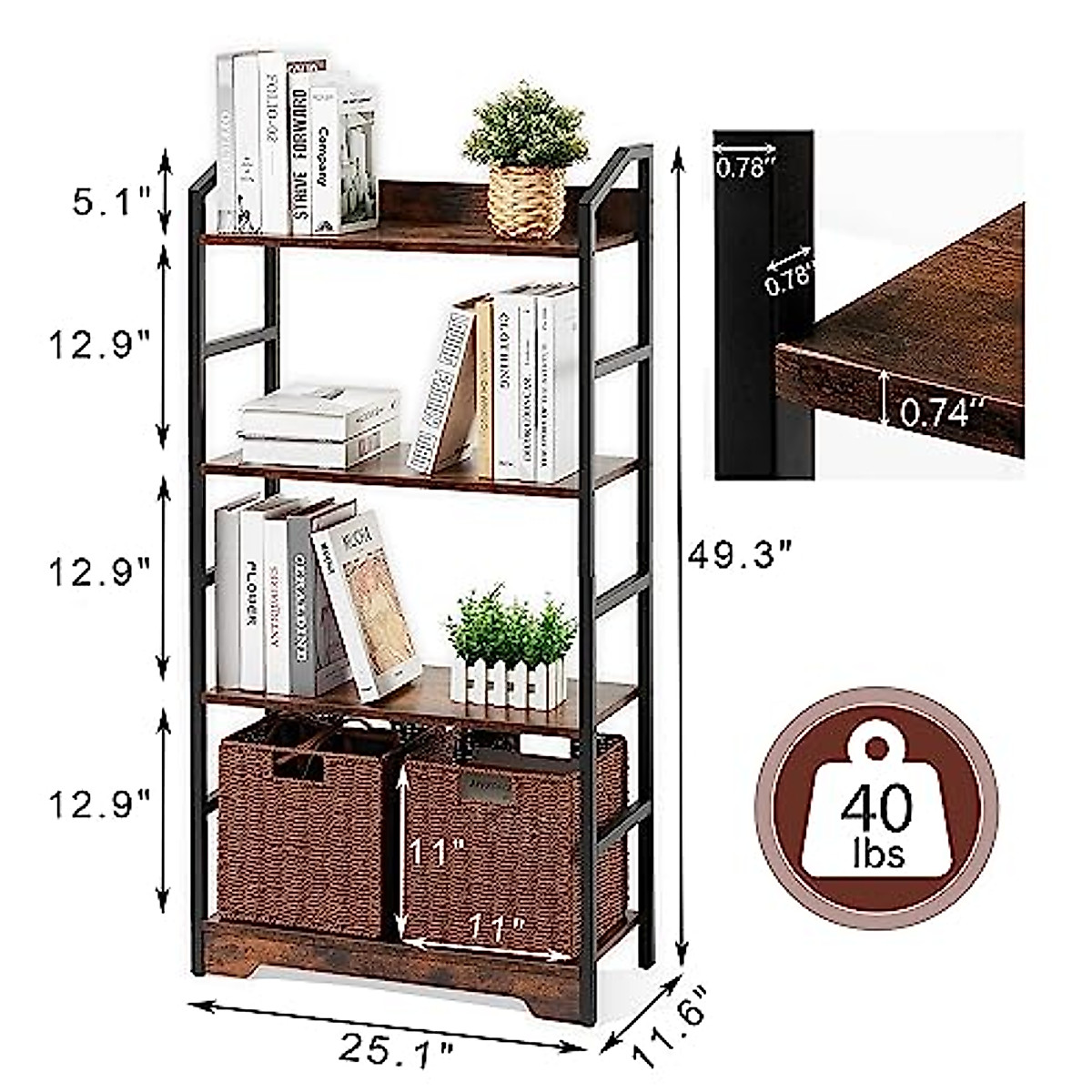 Vagusicc 4 Tier Bookshelf with 2 Storage Baskets, Tall Bookcase Shelf Storage Organizer Wood Book Shelf, Modern Shelf Rack Shelves with Steel Frame, Multipurpose Bookshelf for Bedroom Living Room