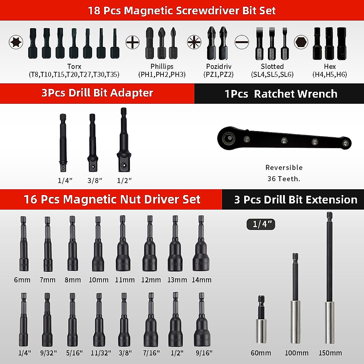 AKM TOOL 41Pcs Magnetic Nut Driver Set, 1/4" Quick-Change Hex Shank | SAE & Metric | Cr-V Steel, Magnetic Screwdriver Bit Set W/Drill Bit Extension & Drill Bit Adapter