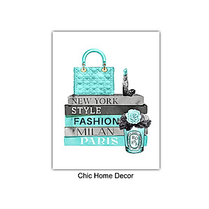 Blue Glam Wall Decor - Black African American Wall Decor - Designer Perfume, Shoes, Handbags - High Fashion Design Gift - Luxury Couture Wall Art Poster Set for Women, Teens, Girls Bedroom