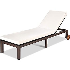 HAPPYGRILL Patio Chaise Lounge Chair Outdoor Rattan Lounger Recliner Chair Adjustable Position Folding Wicker Lounge Chair with Cushion & Wheels for Garden Patio Poolside