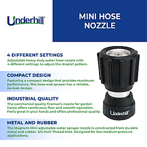 Underhill Magnum-Mini Garden Water Hose Nozzle, Sprayer, 3/4-Inch Thread Inlet, Jet Attachment, Heavy-Duty Metal and Rubber, Adjustable, NG350
