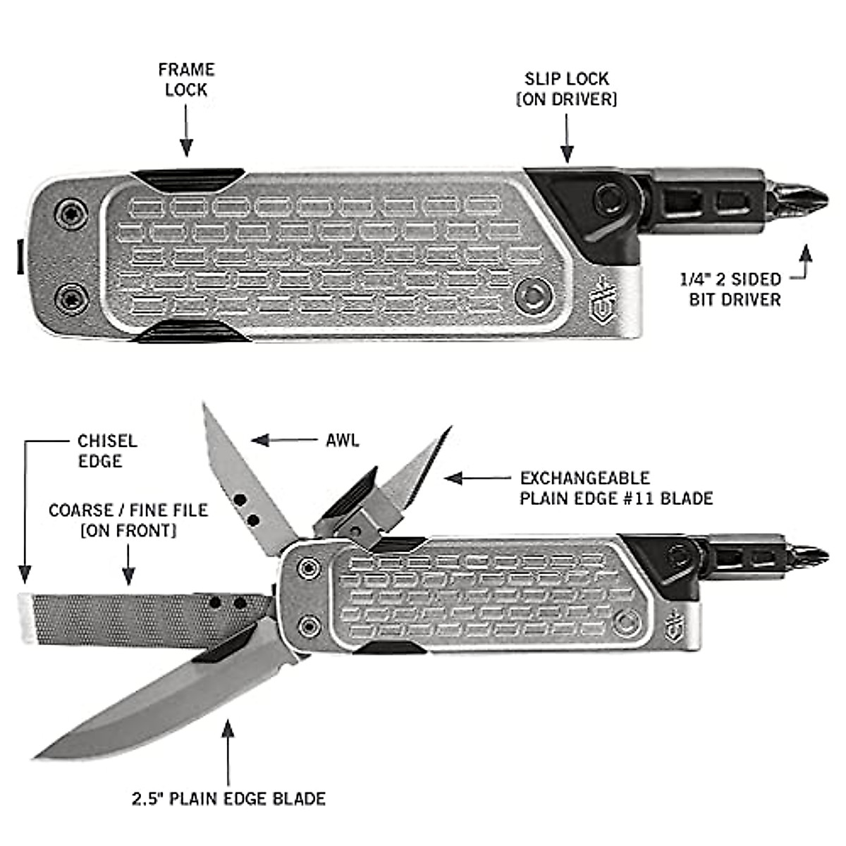 Gerber Gear Lockdown Driver 7-in-1 Multi-tool - 2.5" Plain Edge Blade, Scissors, Bit Driver - EDC Gear and Equipment - Silver