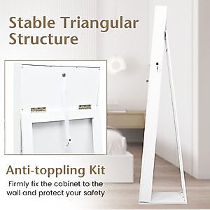 COSTWAY Standing Jewelry Cabinet, Large Capacity Jewelry Organizer w/Full-Length Mirror & Rear Storage Shelves, Lockable Mirror Jewelry Armoire with Keys for Girls Women (White)