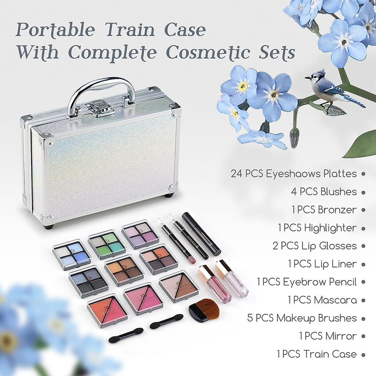 Color Nymph Beginner Makeup Kits For Teens With Train Case Included Full Makeup Kit Eyeshadow Palette Blushes Bronzer Highlighter Lipstick Brushes Mirror (Silver)
