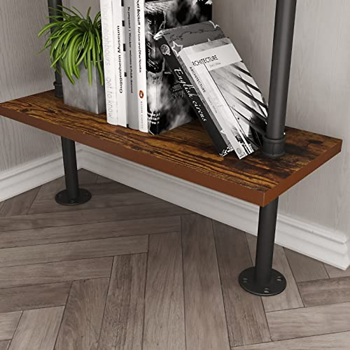 HOMEKAYT Industrial Pipe Shelf Rustic Wood Wall Shelf Ladder Bookshelf Wall Mounted Storage Decor Shelf for Home, Office, Living Room(6-Tier)-Black