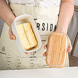 KOOV Porcelain Large Butter Dish with Lid for Countertop, Airtight Butter Container with Oak Lid, Butter Crock, Perfect for 2 Sticks of Butter, Texture Series (White)