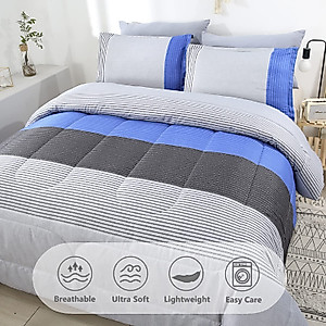 PERFEMET Blue Striped Comforter Set Full Size, 3 Pieces Grey and Blue Patchwork Stripe Bedding Set, Ultra Soft Microfiber Reversible Quilt Set for Teens Boys Adults