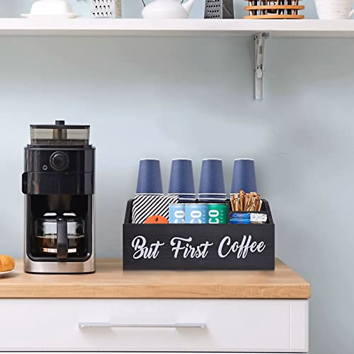 Coffee Station Organizer, Wooden Coffee Bar Bin Box, Countertop Coffee Bar Accessories Organizer, Coffee Pod Holder Storage Basket, Coffee Station Holder for Coffee Bar Decor, Coffee Lover (Black)