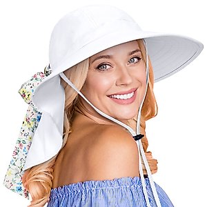 Tirrinia Stylish Garden Hats with Large Brim, Adjustable Safari Neck Cover, and Floral Ribbon