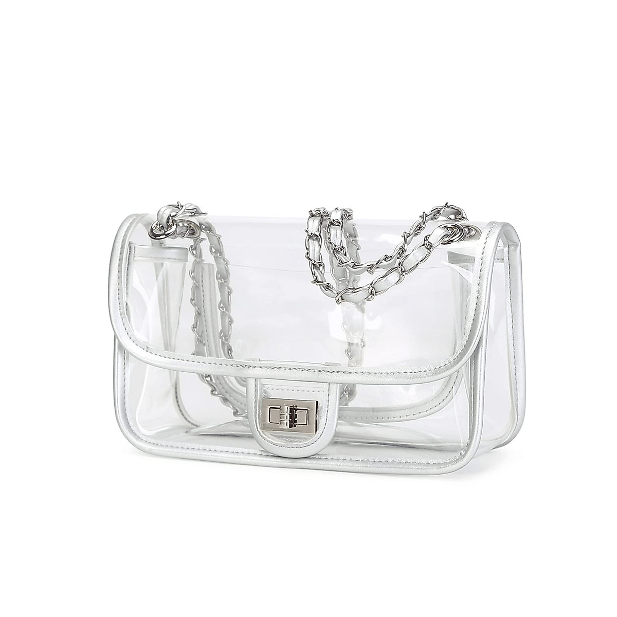 LAM GALLERY Womens PVC Clear Purse Handbag with Chain Stadium Approved Clear Bag See Through Bag for Working and Concert (Silver Silver Large)
