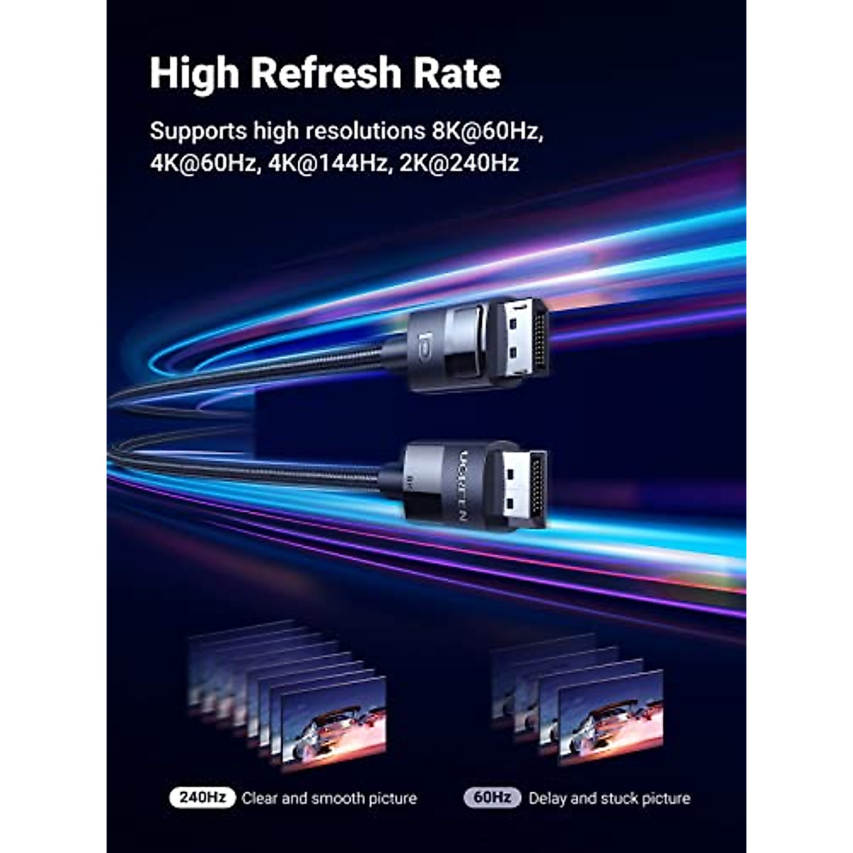 UGREEN VESA Certified 8K DisplayPort Cable 6FT, DP 1.4 Cable Displayport to Displayport Cable Support 8K@60Hz, 4K@144Hz, FreeSync, G-Sync, HDR, 32.4Gbps for HDTVs, Displays, Monitors, Graphics, PC