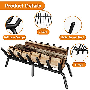 SUZLON Fireplace Grate 27 inch 7 Bar Fireplace Log Grate Heavy Duty Solid Steel Indoor Chimney Hearth with 6 Enhanced Stability Legs Kindling Tools Pit Wood Stove Firewood Burning Rack Holder