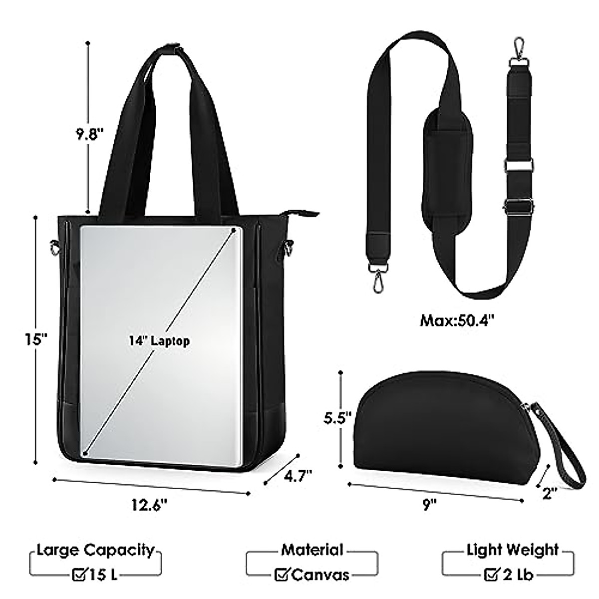 ETRONIK Tote Bag for Women, Canvas Tote Bag with Pockets, Compartments and Zipper for Work, School, Casual, Black