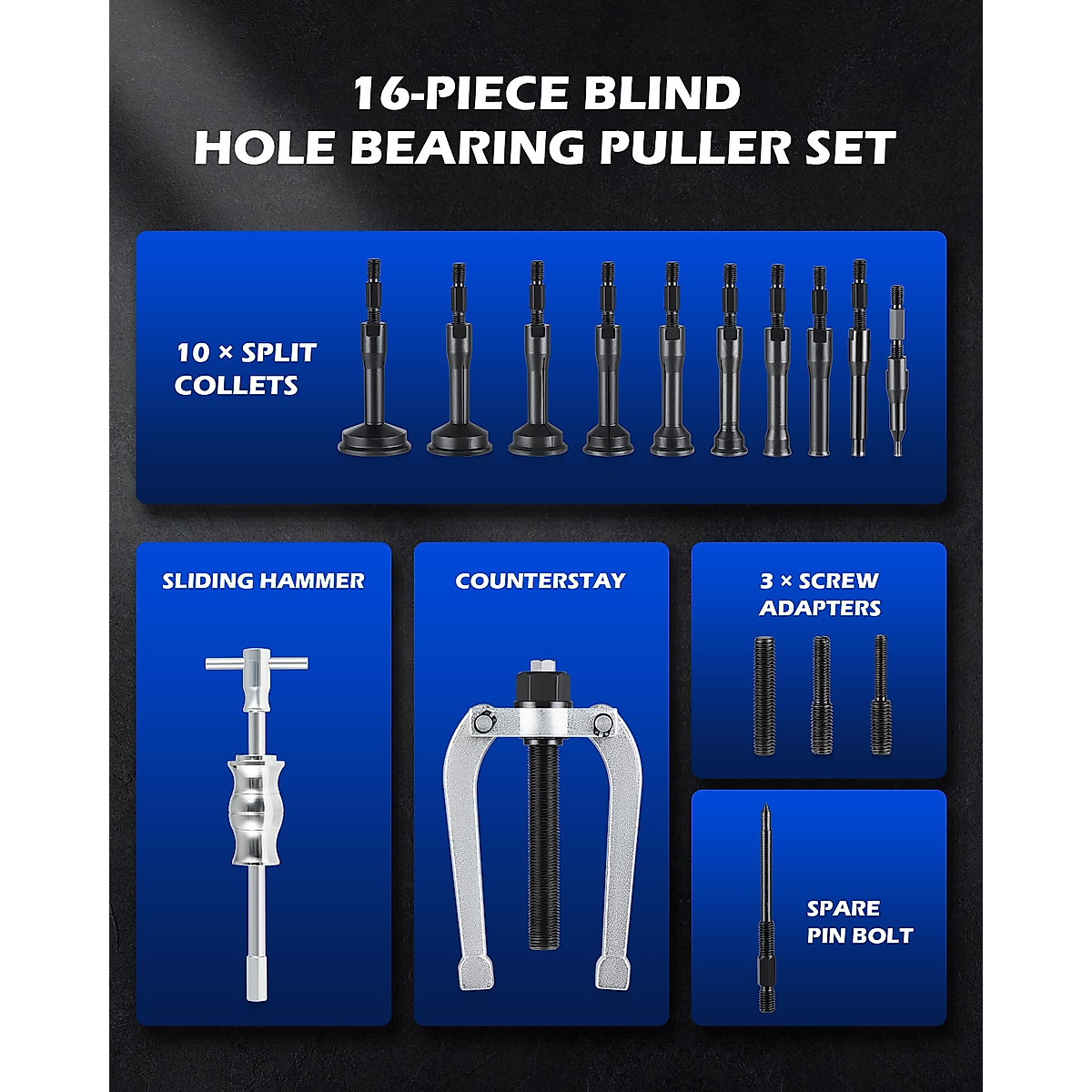 Orion Motor Tech Blind Hole Collet Bearing Race and Seal Puller Extractor Kit, Slide Hammer Pilot Insert Inner Bearing Removal Tool Set, 16 Pieces