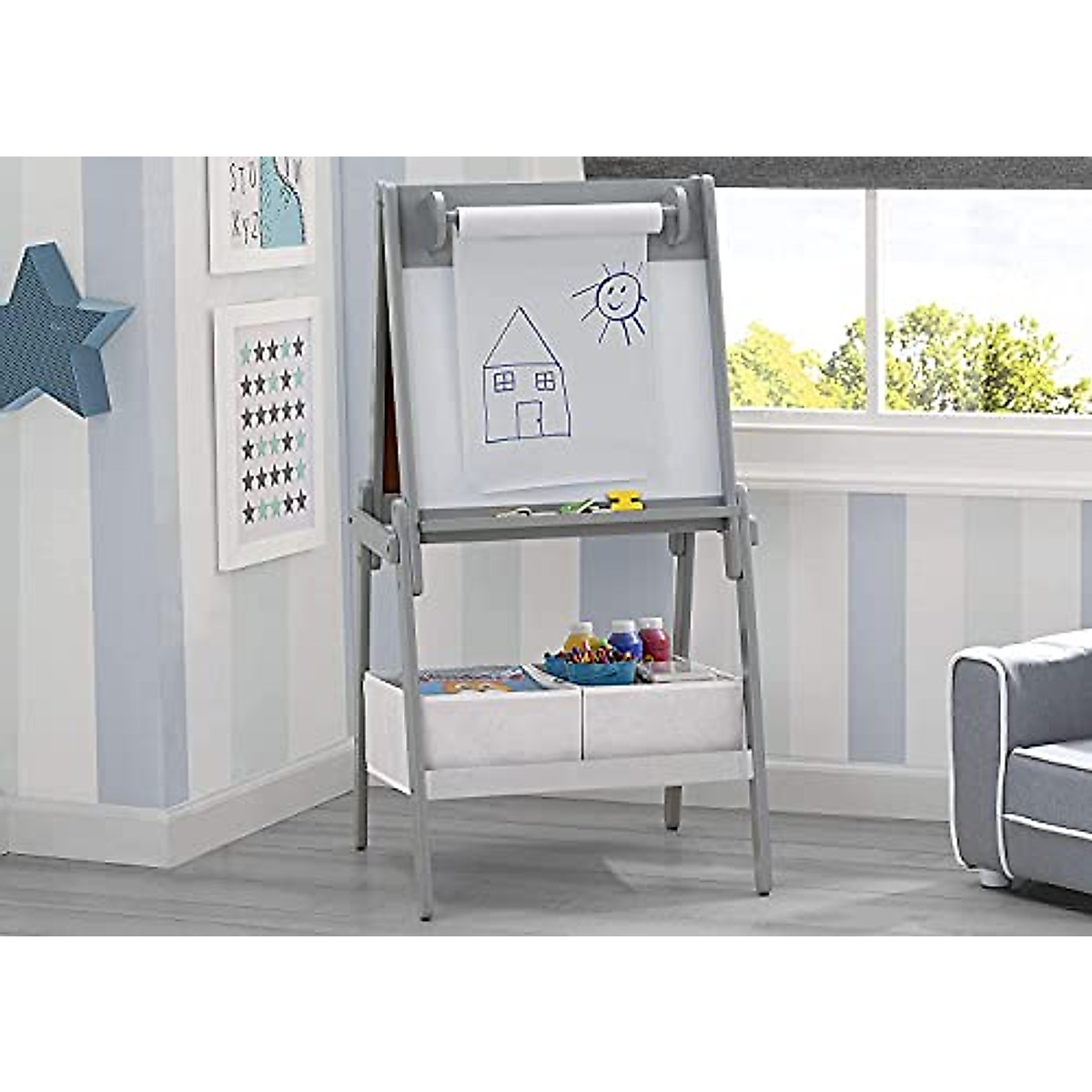 Delta Children Chelsea Double-Sided Storage Easel with Paper Roll and Magnets -Ideal for Arts & Crafts, Drawing, Homeschooling and More - Greenguard Gold Certified, Light Grey/White