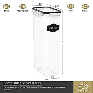 Chef's Path Airtight Food Storage Containers (Set of 4, 2.8L) - Tall Pasta Storage Containers for Pantry & Kitchen Organization, Spaghetti, Noodles, Cereal - Lids, Noodle Measure and Reusable Labels Included