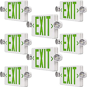 Green LED Exit Sign Emergency Light Combination Adjustable Two Heads and Battery Backup, US Standard Commercial Emergency Exit Lighting, Fire Resistant UL 924 AC 120/277V (8-Pack)
