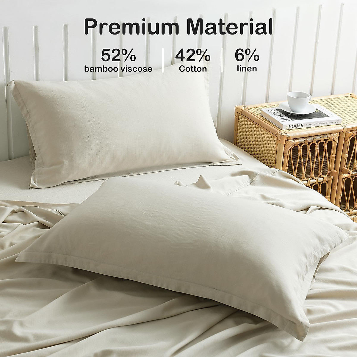 PANDATEX Beige Linen-Textured Bed Sheets Set, Bamboo Rayon, Cotton, Linen Blend Bed Sheets Queen Size, Soft Cool & Breathable for Hot Sleepers,Durable Natural Organic Bed 15'' Deep Pocket - 4 Piece