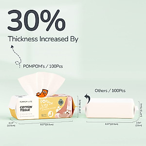 POMPOM LIFE Disposable Face Towel, Ultra Soft Thick Wash Cloths for Adults and Baby, 100% Cotton Dry Wipes for Washing and Drying, 100 Count Facial Tissue for Cleansing, Skincare, Makeup Remover