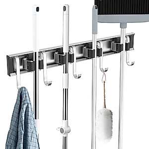 GARLWOLEX Broom Holder Wall Mount,Broom Holder for Garage Organization, Garden Tool Organizer 4 Racks with 5 Hooks, Broom Rack for Rakes, Shovels with Screws