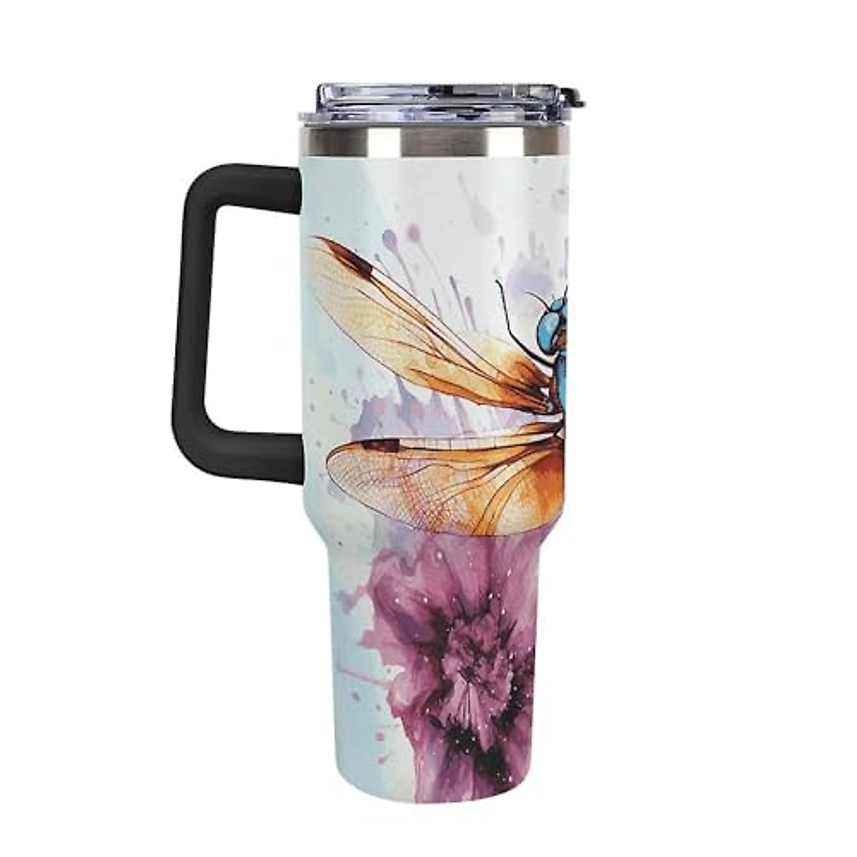 40 Oz Vacuum Tumbler with Black Handle Leakproof Insulated Tumbler Dragonfly Watercolor Painting Stainless Steel Travel Mug with Lid And Straw Coffee Cup Cute Water Bottles Cup Holder Friendly