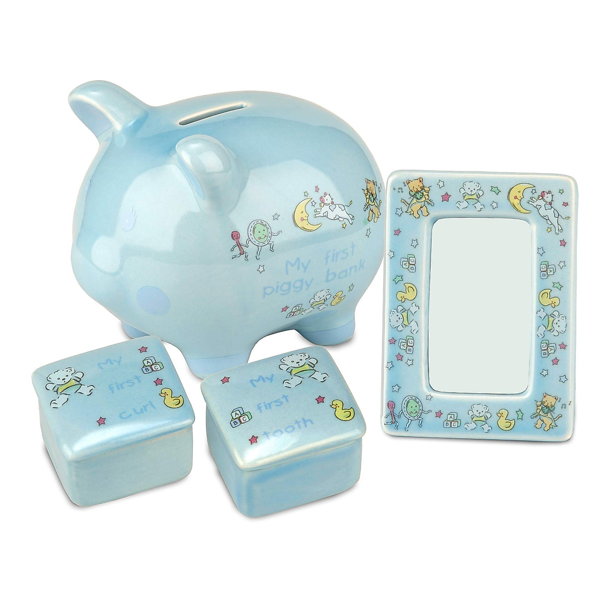 BRUBAKER My First Piggy Bank Gift Set for Baby Boy - 4 Pcs Keepsake Gift Set Includes Piggy Bank, First Curl, First Tooth and Photo Frame - Blue