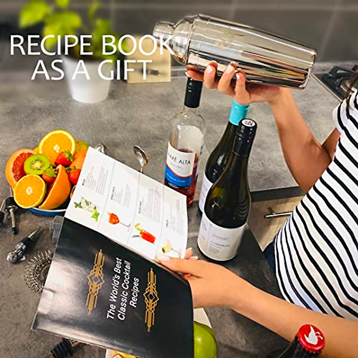 20-Piece Cocktail Mixology Shaker Set - Bartender Kit with Bamboo Stand - Bar Accessories Kit Including a Martini Shaker, Bar Jigger, Syrup Dispenser & Mixer Recipe Book