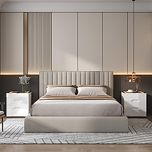 Jehiatek White Nightstand Set of 2, Night Stand Set 2 with Wireless Charging Station, High Gloss End Table with Adjustable LED Lights & USB Charging, Bedside Table Set of 2 with 3 Drawers (White)