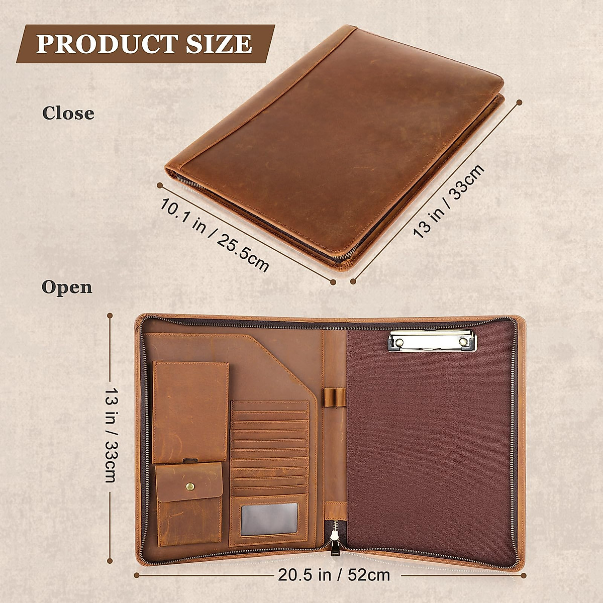 Full Grain Leather Portfolio Binder, Padfolio Business Resume Legal Pad Notebook Binder for A4/Pad, Folio Leather Folder, Tablet Padfolio for iPad, Portfolio Organizer with Zipper for Women/Men