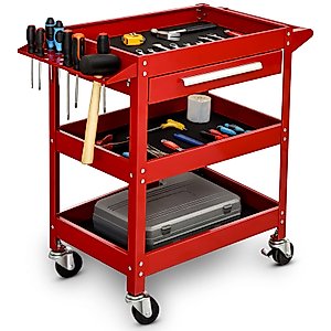 ERGOMASTER Metal Service Utility Cart with Wheels - 500LBS Tool Cart Heavy Duty Rolling 3-Tier Storage Organizer, for Garage Industrial Cart (Red)