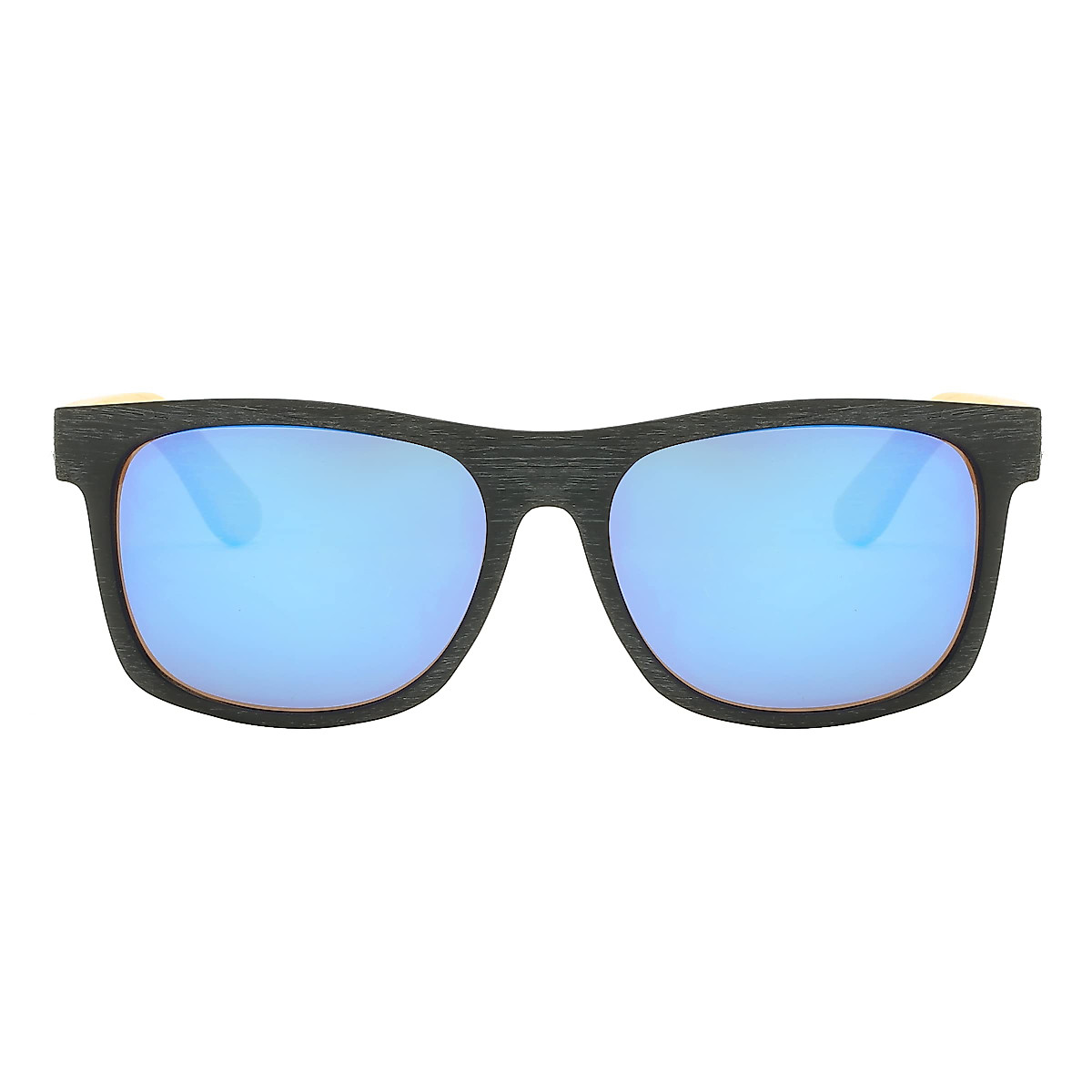 Piranha Klaus Black Frame Sunglasses with Bamboo Temples and Mirrored Blue Lens