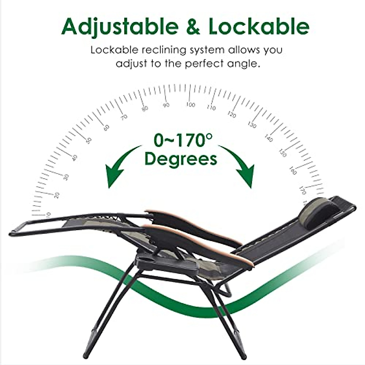 Farini Oversized XL Zero Comfortable Lounge Outside Anti-Gravity Adjustable Headrest and Side Table Reclining Camping Chair Support 350Lbs, 30D x 29W x 44H in, Black/Green