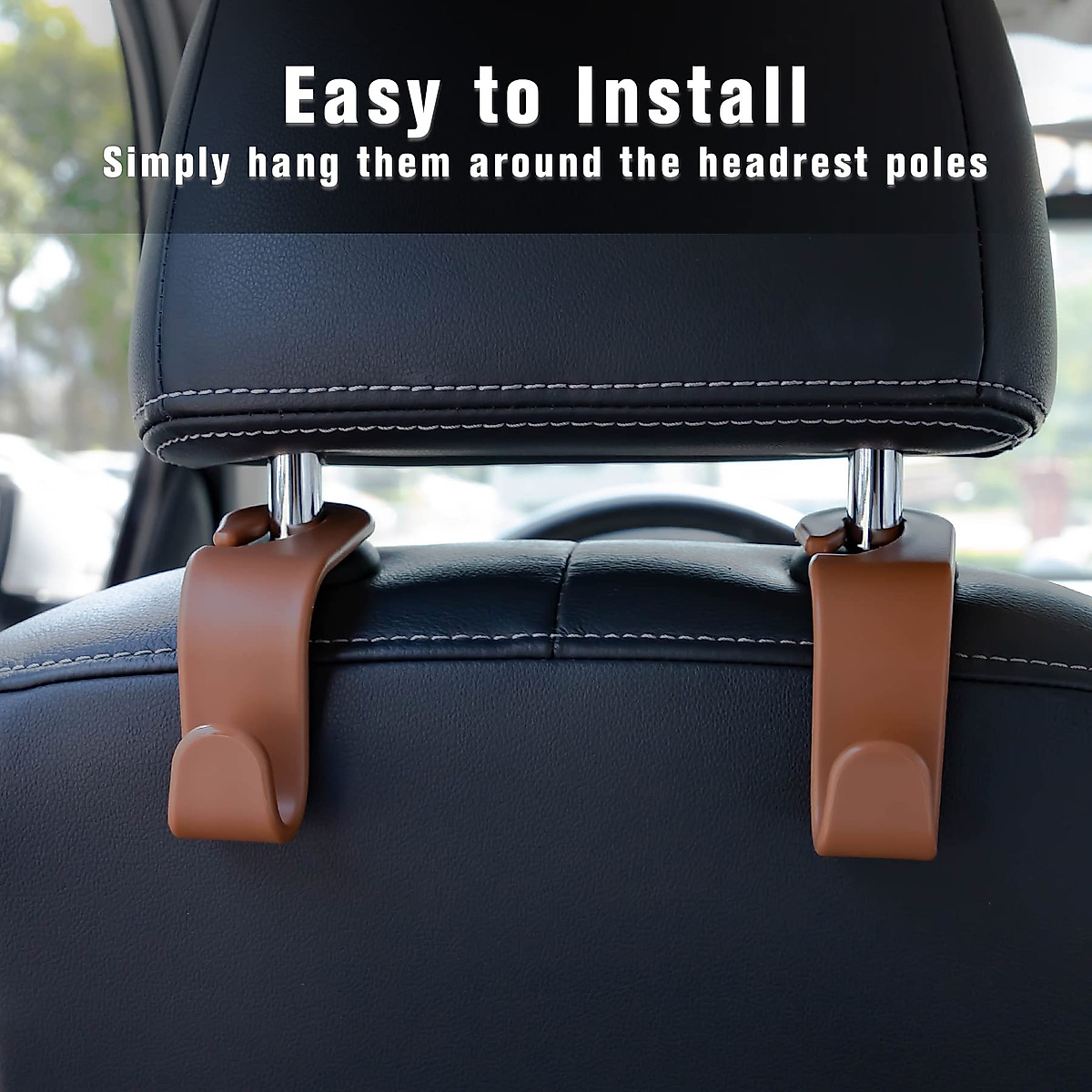 GaRhomxy Car Seat Headrest Hooks, 4 Pack Universal Auto Car Back Seat Hook Organizer for Purse Coat, Brown