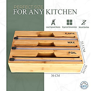 Golden Ears Essentials Foil and Plastic Wrap Organizer 3 in 1 Bamboo Wrap and Aluminum Foil Dispenser for Wraps and Aluminum Foil Organization and Storage, Magnetic Sliding Doors, Engraved Labels