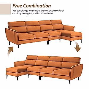 LCH L-Shaped Convertible Sectional Sofa Upholsted Chaise, Reversible Couch w/Metal Legs, Left/Right Handed Facing, 111 inch, Livingroom Furniture, Perfect for Apartment, Guestroom, Orange