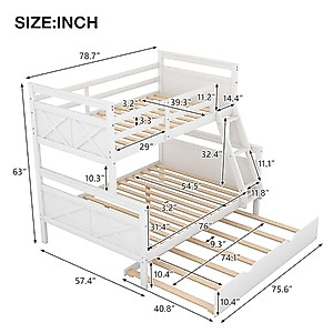 DEYOBED Twin Over Full Bunk Bed with Twin Size Trundle, Wooden Bed Frame with Ladder and Safety Guardrail for Kids Boy Girls, Can Convertible into 2 Separated Beds, White