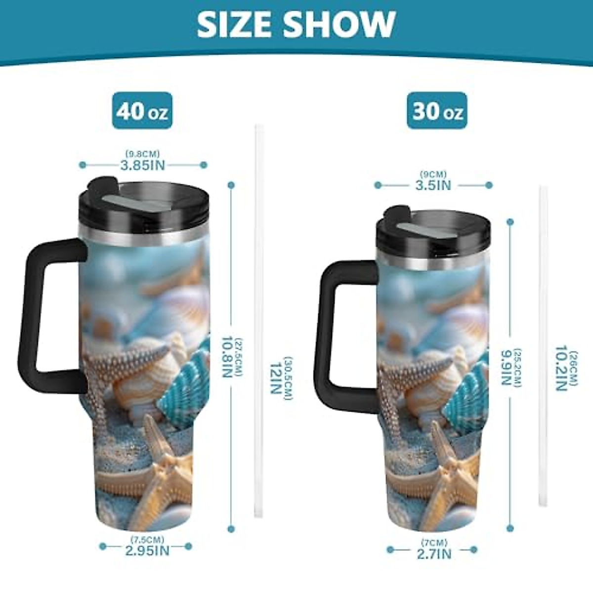 FRCSDIY Seaside Shells Insulated Tumbler with Handle and Straw Lid,40oz Leakproof Stainless Steel Cup BPA-Free Water Bottle