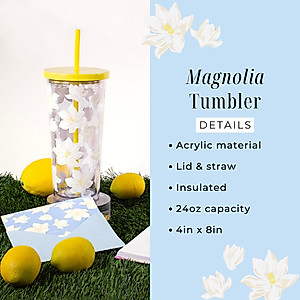 Draper James Travel Tumbler with Lid and Straw, 24 Ounce Insulated Cup, Clear Floral Plastic Double Wall Tumbler, Magnolias