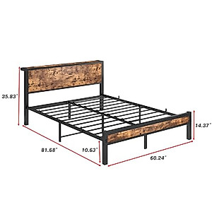 DUMEE Metal Queen Bed Frame with Wood Storage Headboard with USB Ports and Charging Station, Metal Platform Bed Frames Queen Size, No Box Spring Needed, Noise Free, Black & Rustic Brown