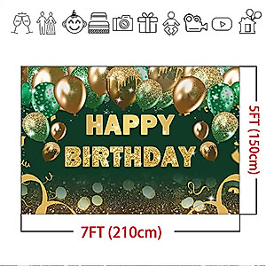 Mocsicka Glitter Green Gold Birthday Backdrop Gold Green Bokeh Balloons Women Men Happy Birthday Banner Decoration Birthday Party Photography Background Photo Backdrop Props (7x5ft)