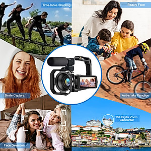 lovpo 4K Video Camera, Camcorder 48MP Ultra HD WiFi Vlogging Camera for YouTube 18X Zoom 3.0" Touch Screen Digital Camera with Microphone, Stabilizer, Lens Hood, Remote, 2 Batteries