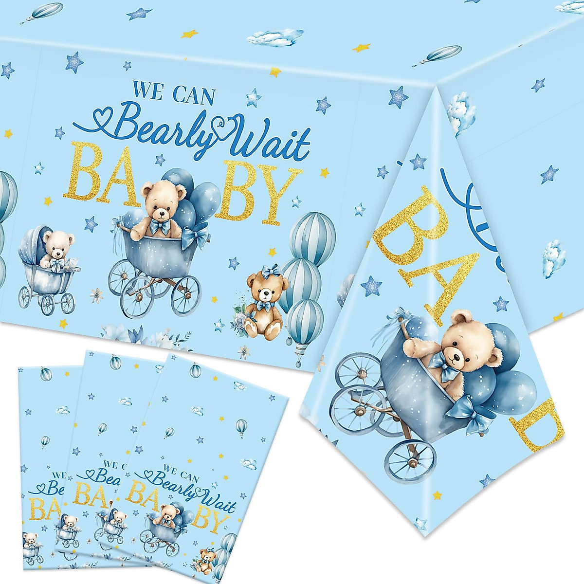 3pcs Bear Baby Shower Decorations Tablecloth Large Blue Teddy Bear We Can Bear Wait Baby Shower Decorations Table Cloth 108x54 Inches Disposable Waterproof Table Covers for Boy Baby Shower Party