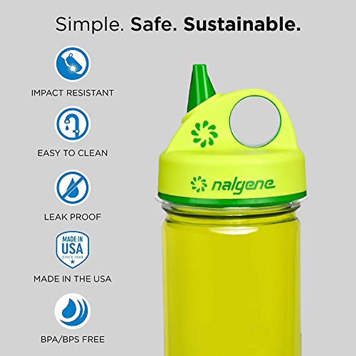 Nalgene Kids Sustain Grip-N-Gulp Water Bottles Made with Material Derived from 50% Plastic Waste, Leak Proof Sippy Cup, Durable, BPA and BPS Free, Dishwasher Safe, Reusable, 12 Ounces, Green Cars