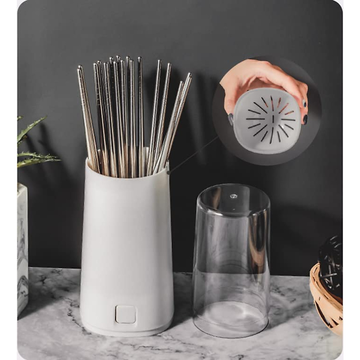 Cutlery Holder with Cover - CooSilo Plastic Chopsticks Holder Detachable Kitchen Cutlery Storage Organizer Utensils Fork Spoon Knives Storage Holder for Kitchen Cabinet or Pantry