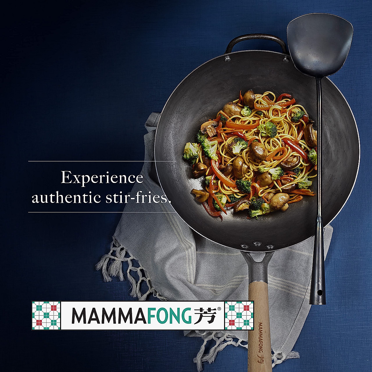 15” Long Hand Forged Iron Wok Utensil set for Mammafong Carbon Steel Wok, Pre-seasoned Stir Fry Wok Spatula & Ladle… (Wok Spatula)