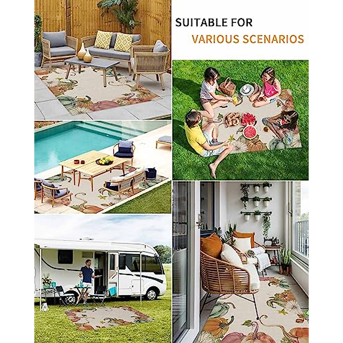 Fall Pumpkin Outdoor Rug for Patio/Deck/Porch, Non-Slip Area Rug 5 x 8 Ft, Thanksgiving Autumn Maple Leaf Colorful Pumpkin Indoor Outdoor Rugs Washable Area Rugs, Reversible Camping Rug Carpet Runner