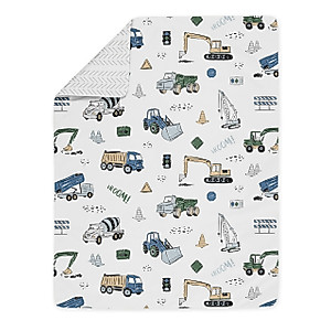 Sweet Jojo Designs Construction Truck Boy Toddler Kid Bedding Set - Childrens 5 Pieces Comforter, Sham and Sheets - Grey Yellow Black Blue and Green Transportation Chevron Arrow