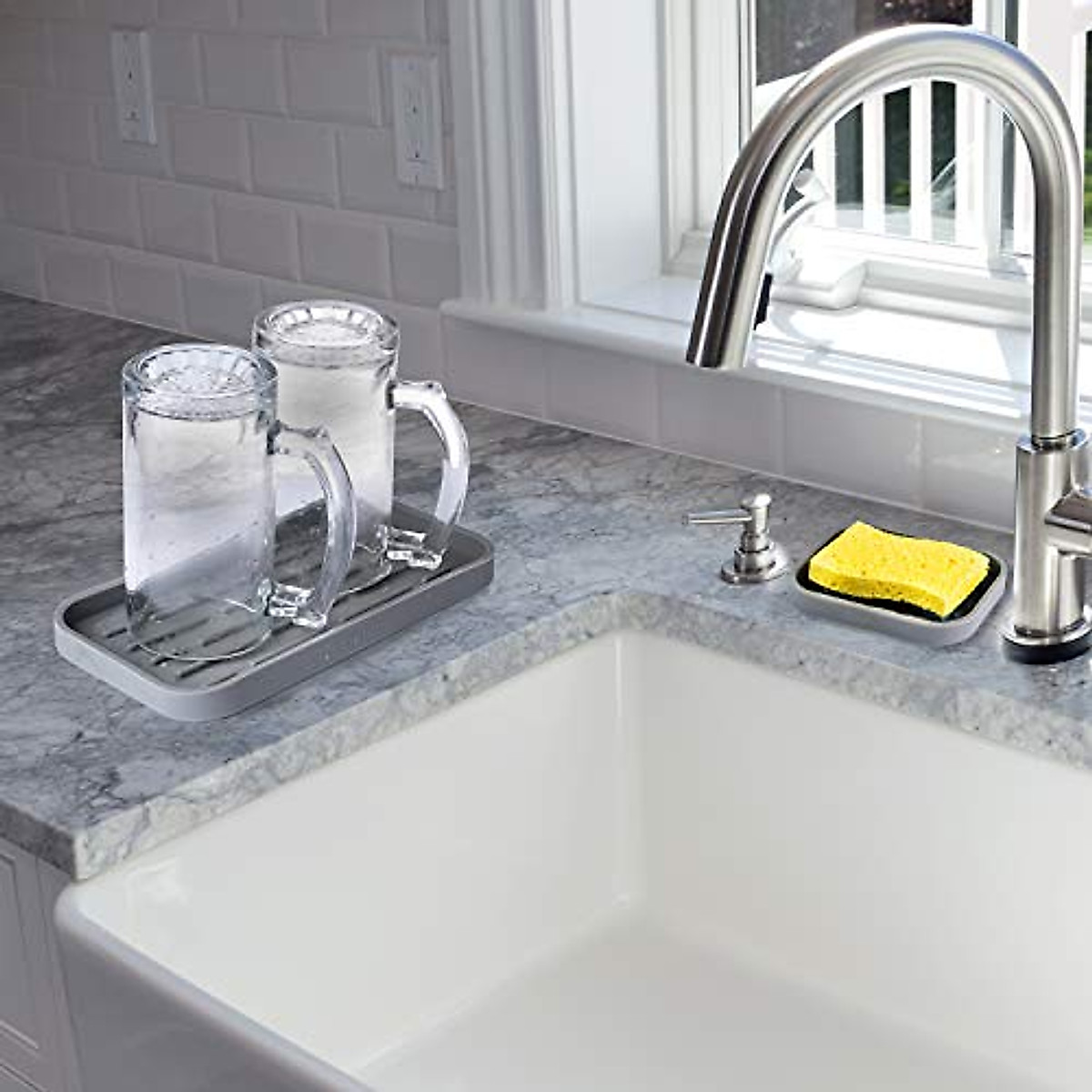 Silicone Sponge Holder (Pack of 2 Sizes) - Kitchen Sink Organizer Tray for Sponge, Scrubber, Soap - Gray